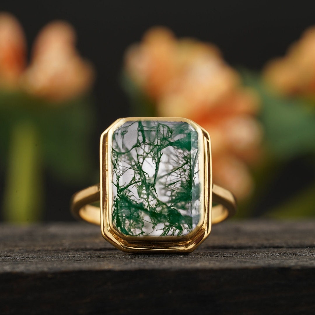 Large Moss Agate Ring Emerald Cut Aquatic Agate Ring Bezel Set ...