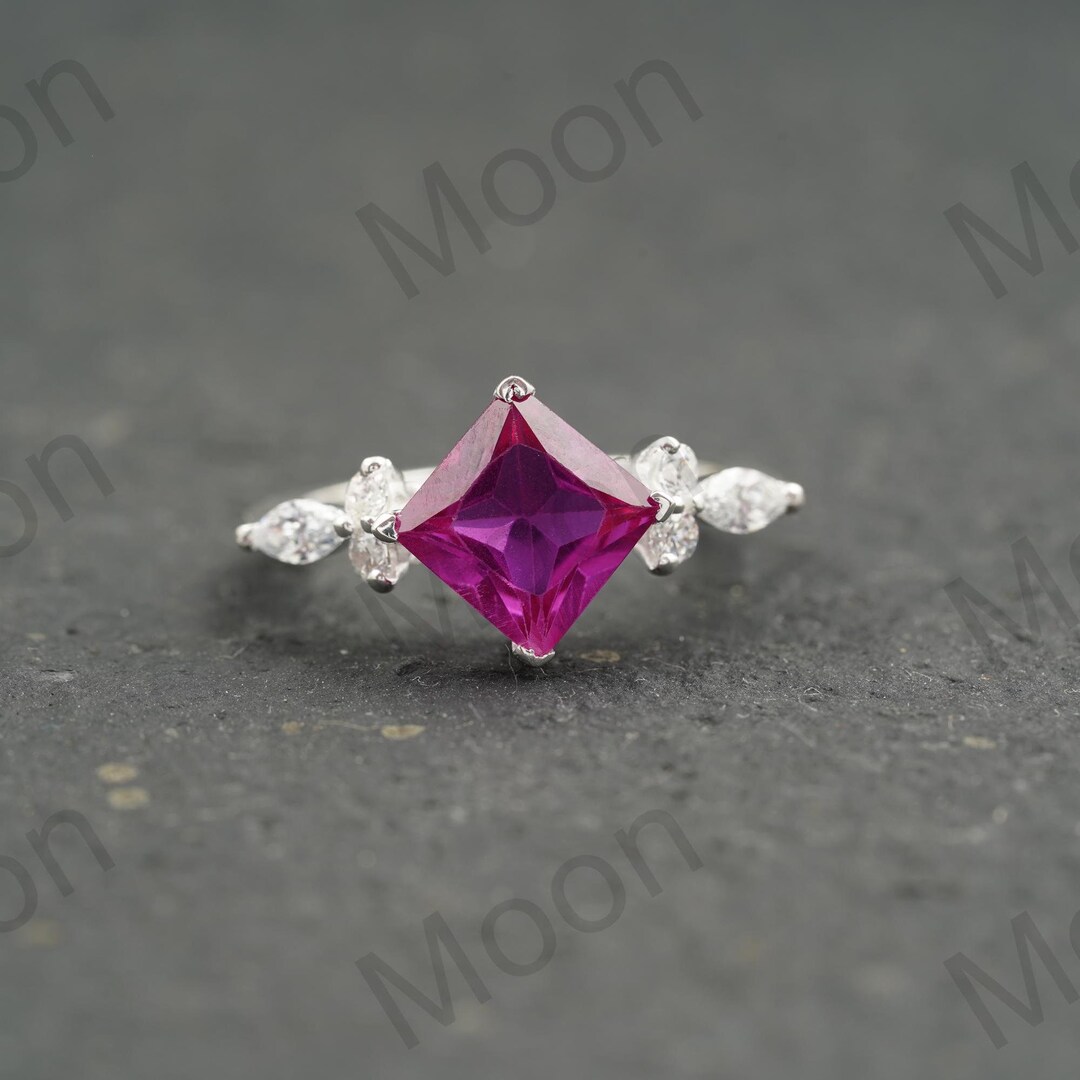 Princess Cut Ruby Engagement Ring, Sterling Silver Ring, Delicate ...