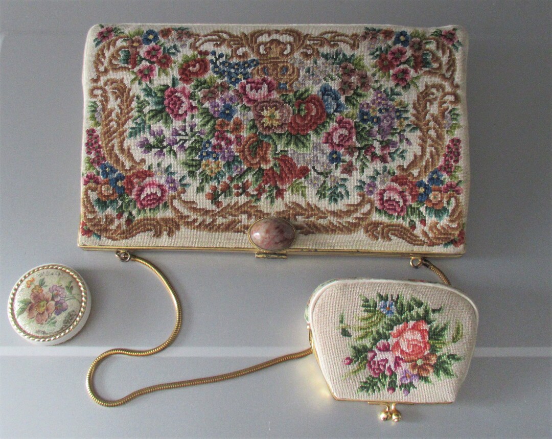 Vintage Micro Petit Point Set 3 Parts Handbag White Beige Needlepoint ...