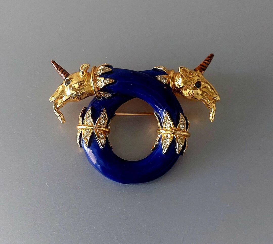 Vintage KJL Unicorn Ram's Double Head Brooch Blue Enamal Keneth Jay Lane GESCHENK - Etsy