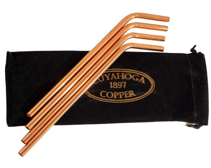 Set of 4 Bent Style Pure Copper Drinking Straws With Cleaning Brush and ...