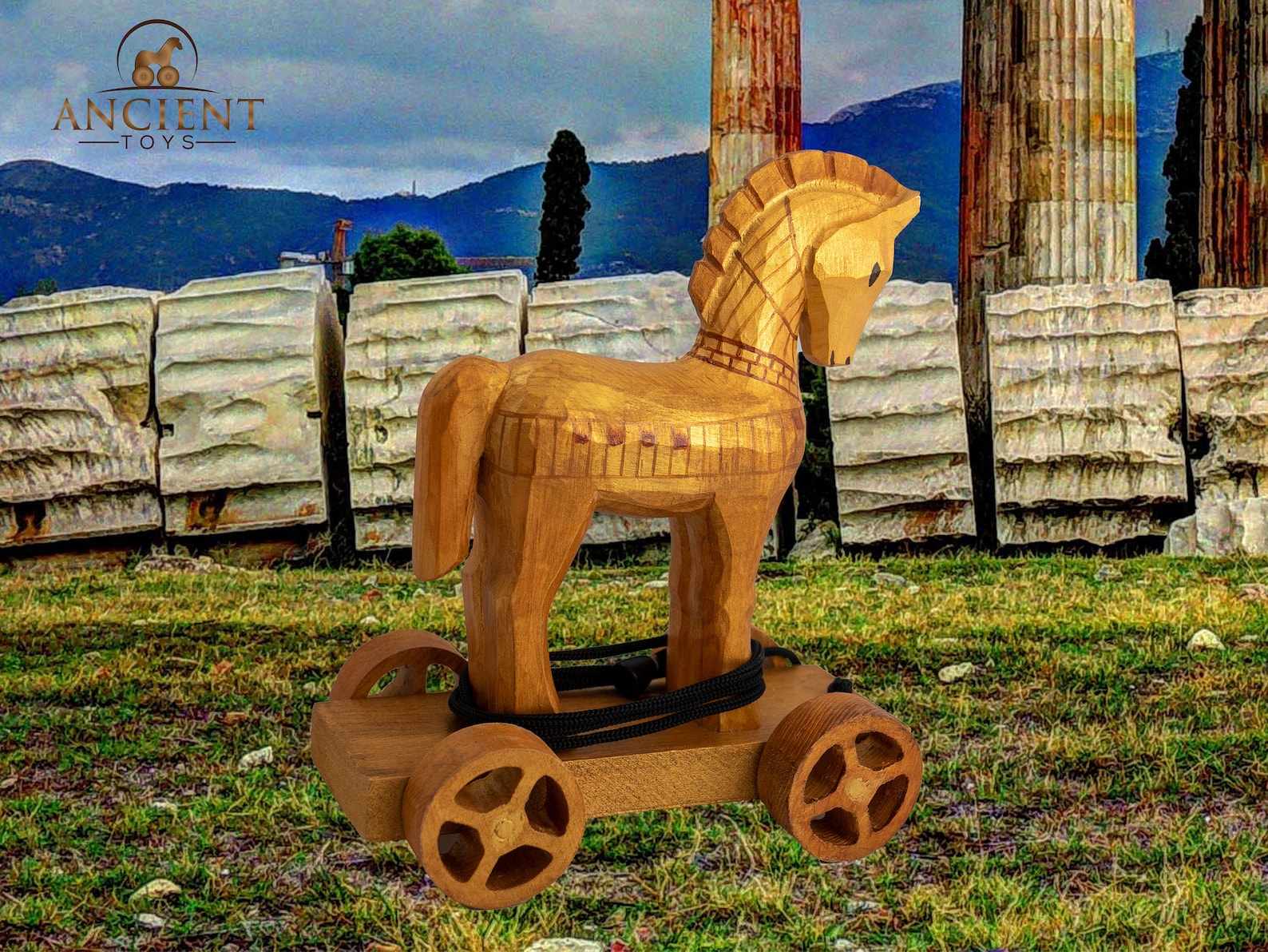 Ancient Toys - Wooden Trojan Horse Pull Toy With Hardcover Book! Teach ...