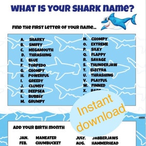 What's Your Shark Name Printable, Shark Name Game, Shark Birthday Party ...