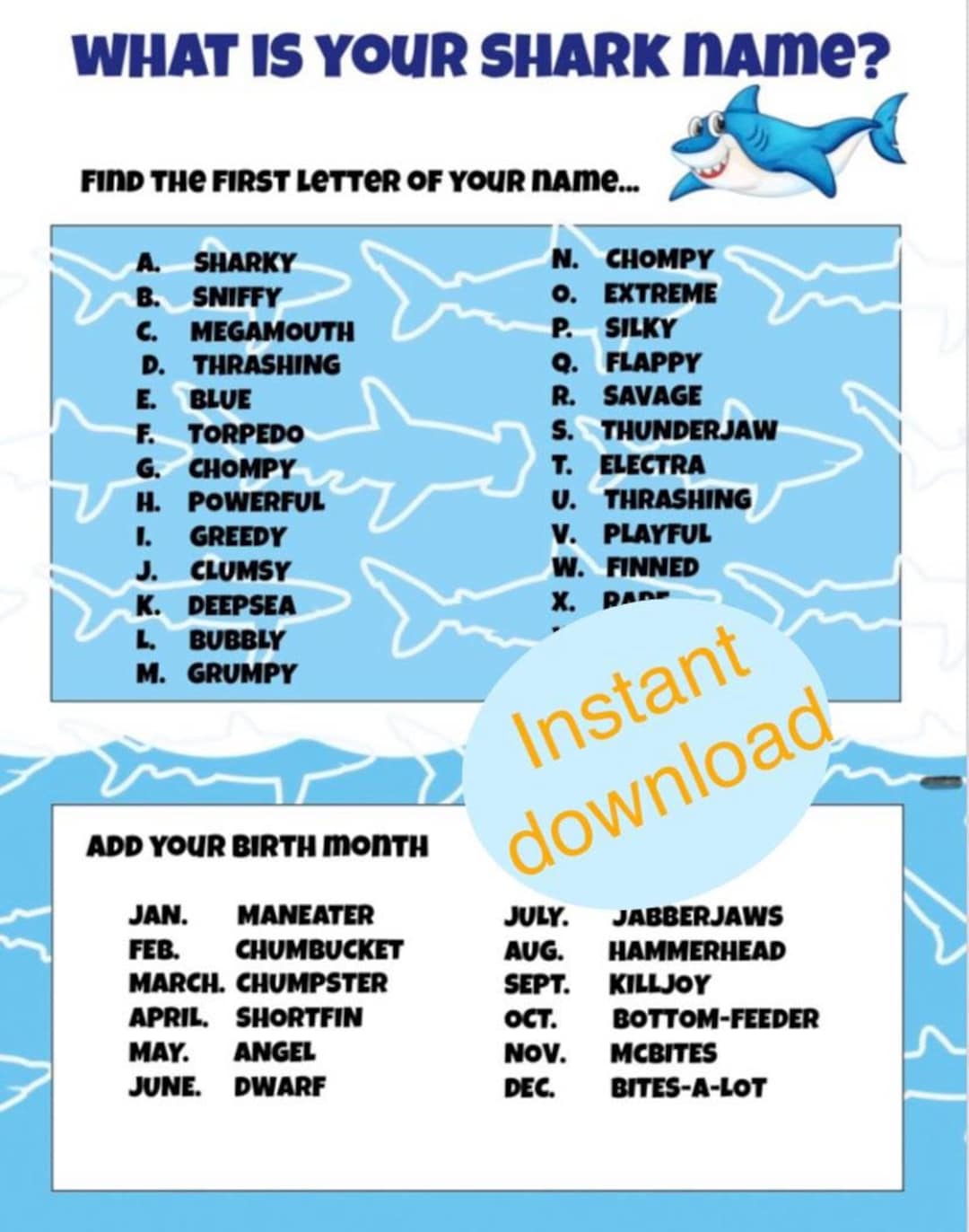 What's Your Shark Name Printable, Shark Name Game, Shark Birthday Party ...