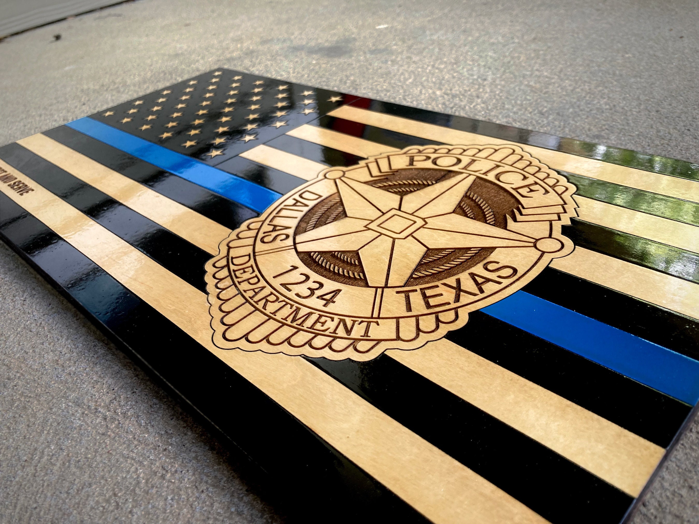Personalized Dallas Police Badge Flag Thin Blue Line Wooden American ...
