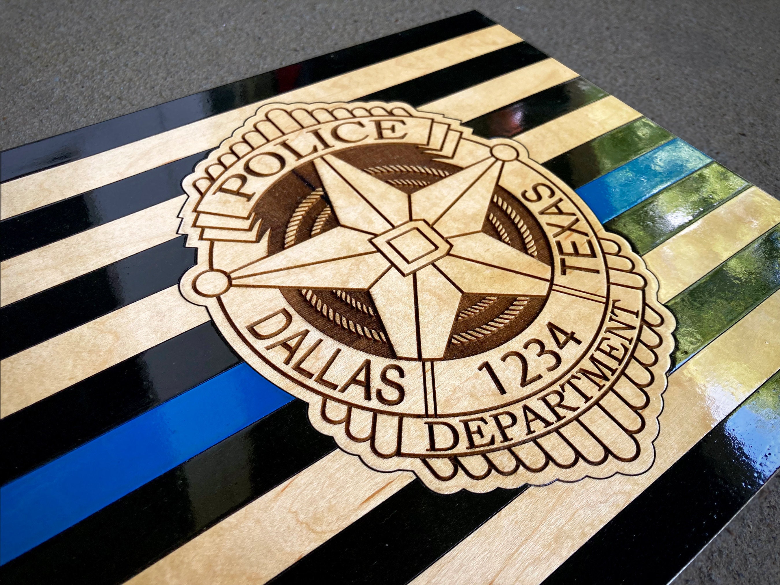 Personalized Dallas Police Badge Flag Thin Blue Line Wooden American ...