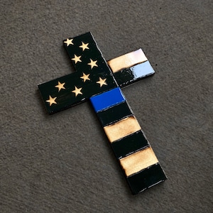 Thin Blue Line Cross Police Cross Wooden American Flag Back the Blue ...
