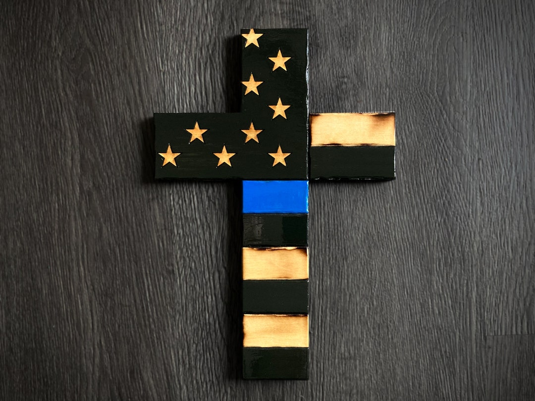Thin Blue Line Cross Police Cross Wooden American Flag Back the Blue ...