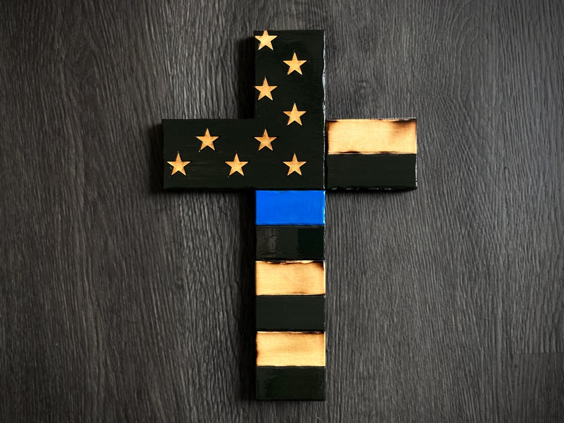 Thin Blue Line Cross Police Cross Wooden American Flag - Etsy