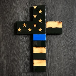 Thin Blue Line Cross Police Cross Wooden American Flag Back the Blue ...