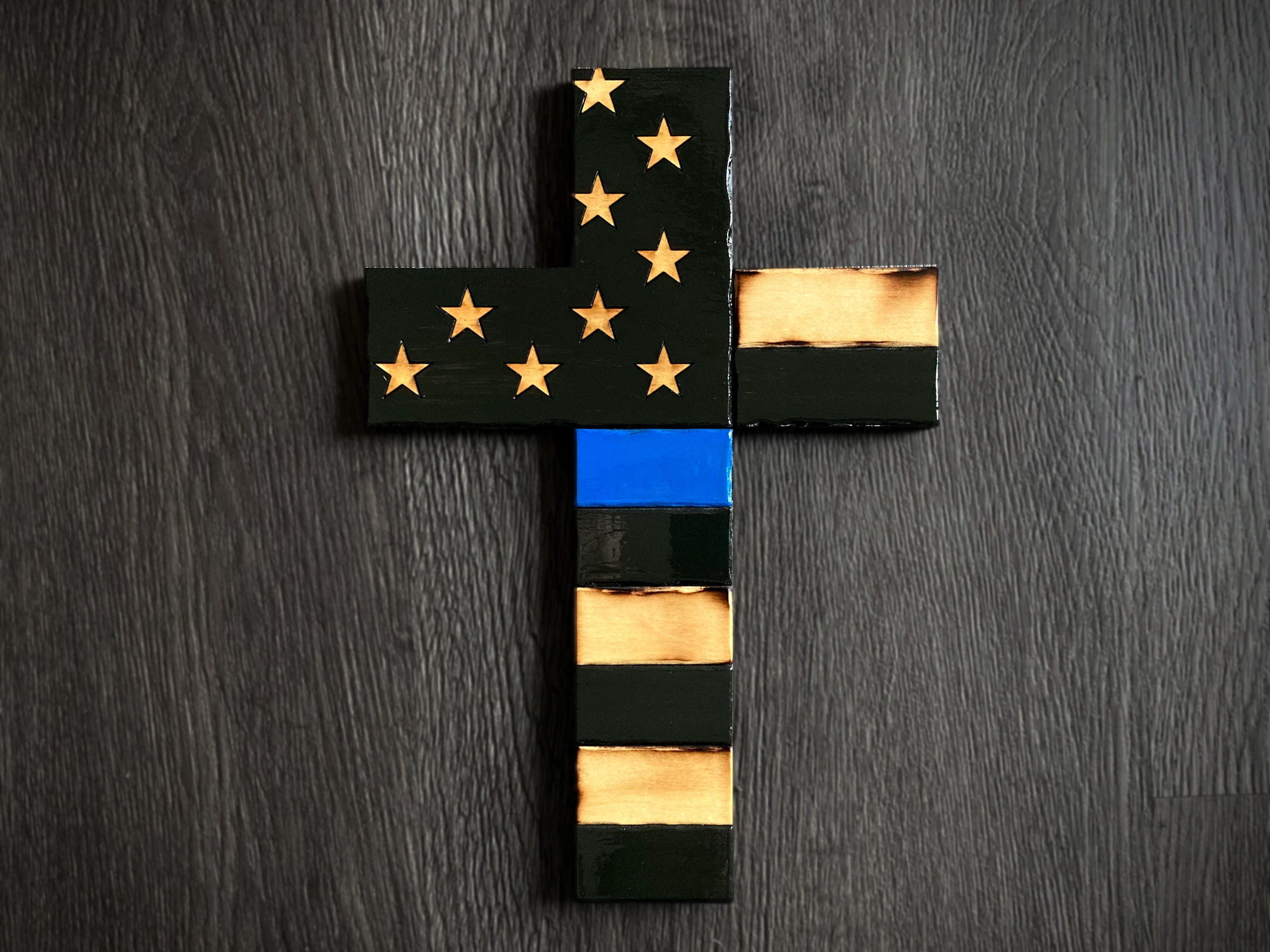 Thin Blue Line Cross Police Cross Wooden American Flag Back the Blue ...