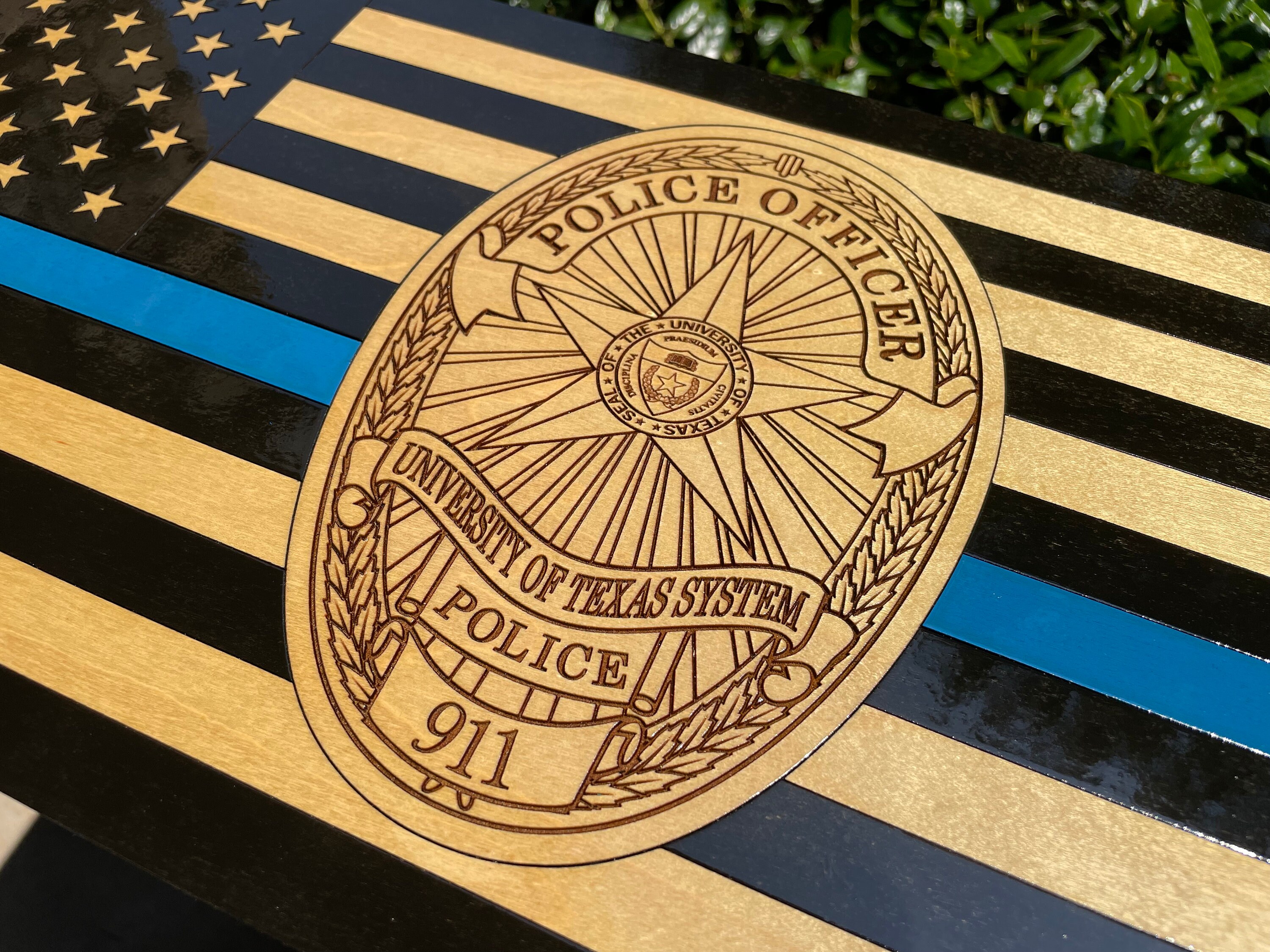Personalized UT System Police Badge Flag Thin Blue Line Wooden American ...