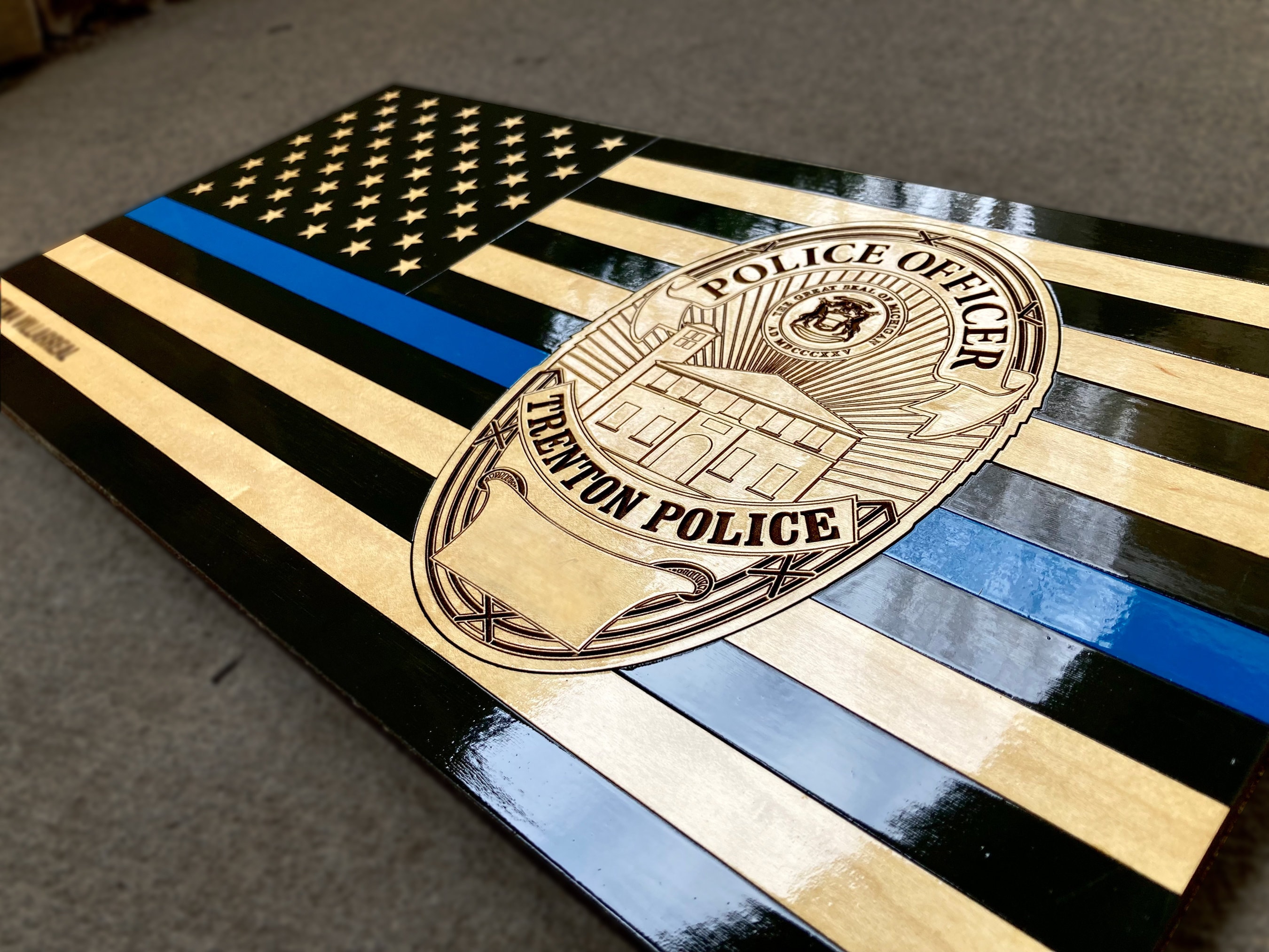 Personalized Trenton Police Badge Flag Thin Blue Line Wooden American ...