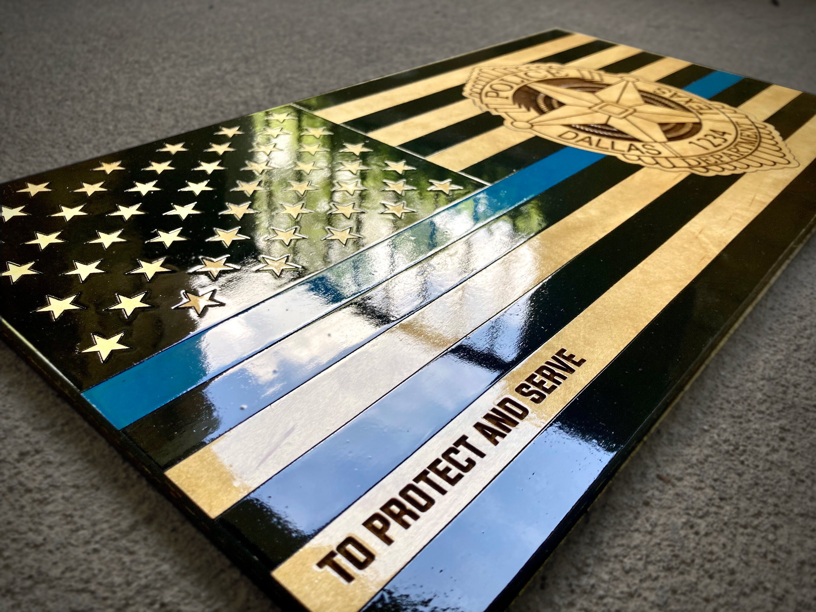 Personalized Dallas Police Badge Flag Thin Blue Line Wooden American ...