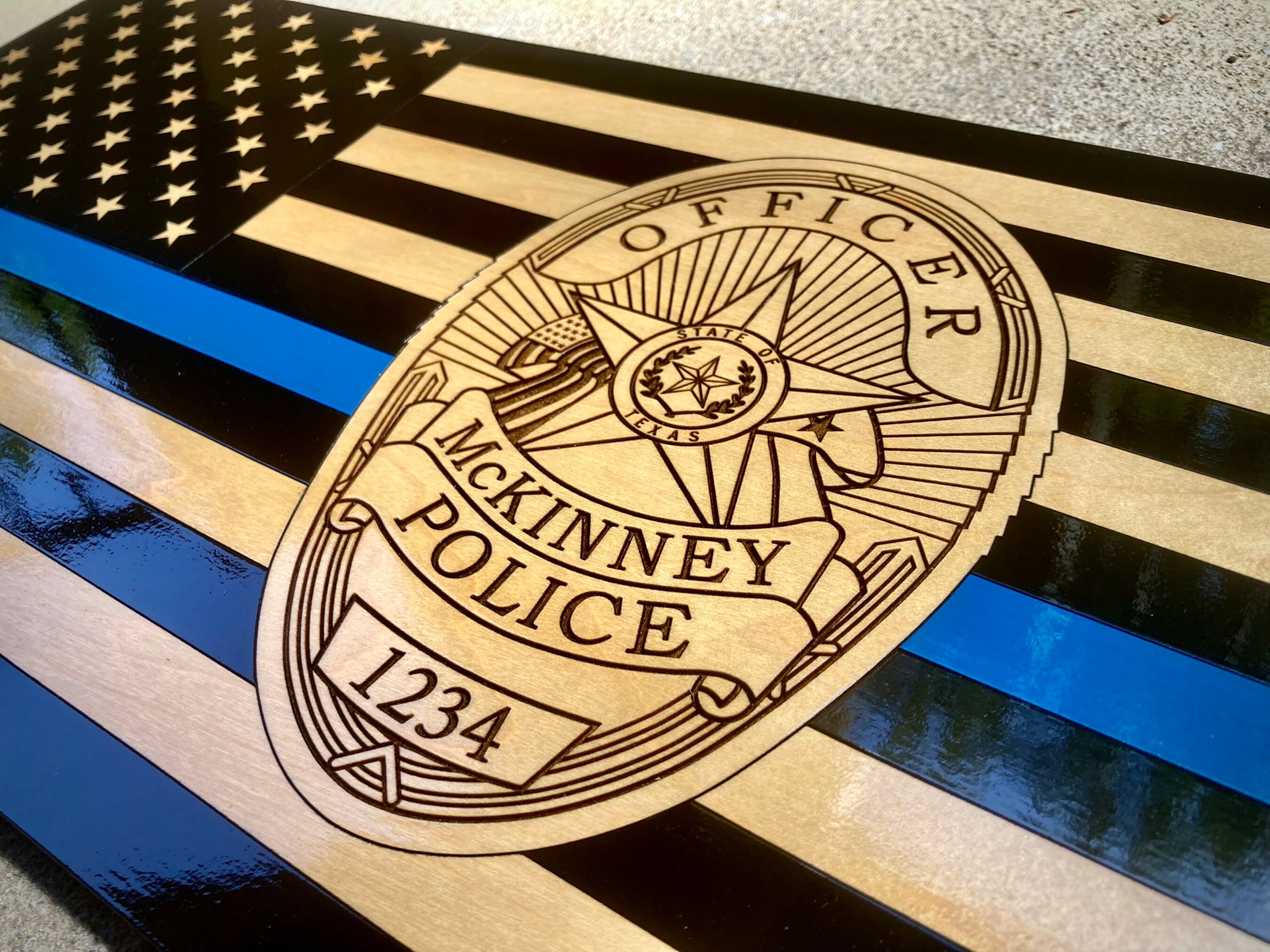 Personalized Mckinney Police Badge Flag Thin Blue Line Wooden American ...