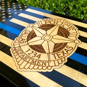 Personalized Dallas Police Badge Flag Thin Blue Line Wooden American ...
