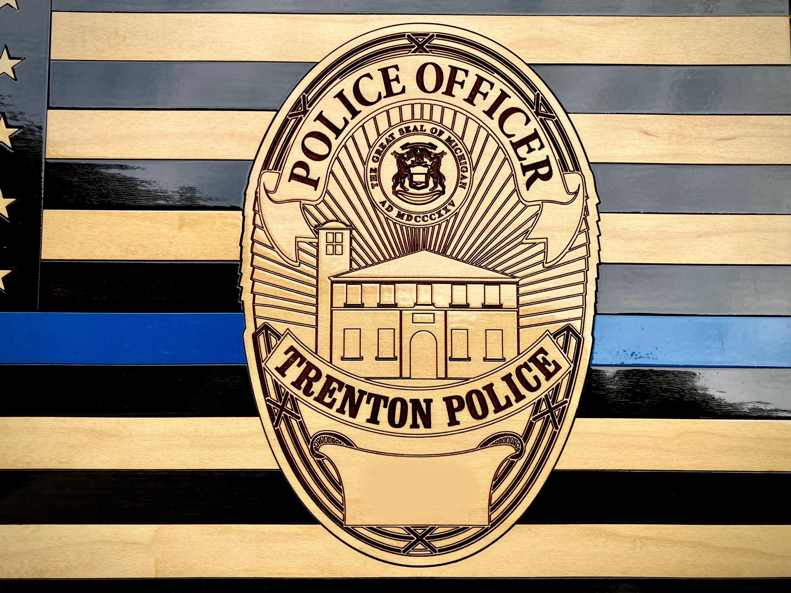 Personalized Trenton Police Badge Flag Thin Blue Line Wooden American ...