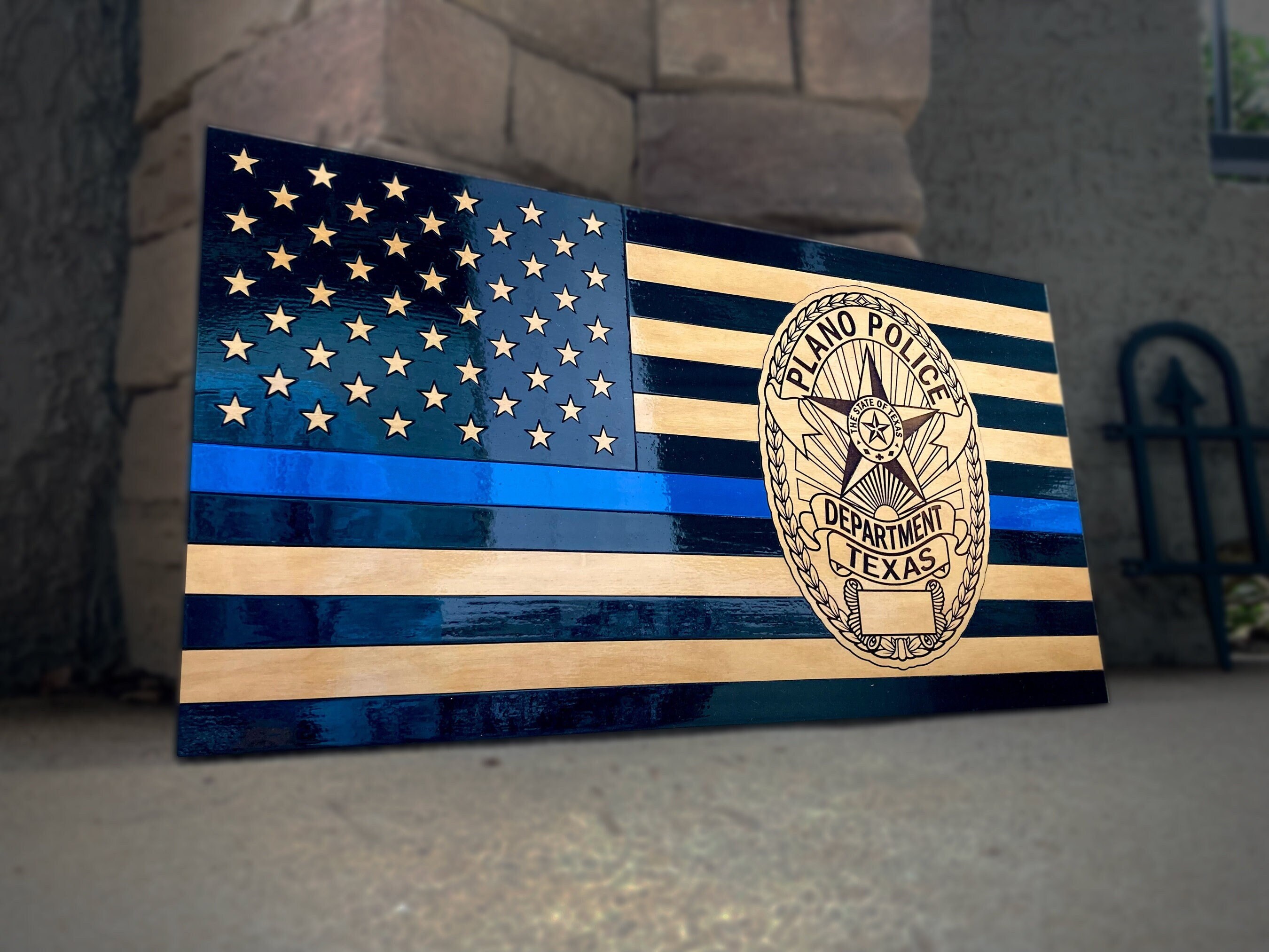 Personalized Plano Police Badge Flag Thin Blue Line Wooden American ...