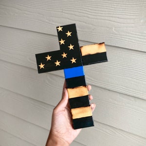 Thin Blue Line Cross Police Cross Wooden American Flag Back the Blue ...