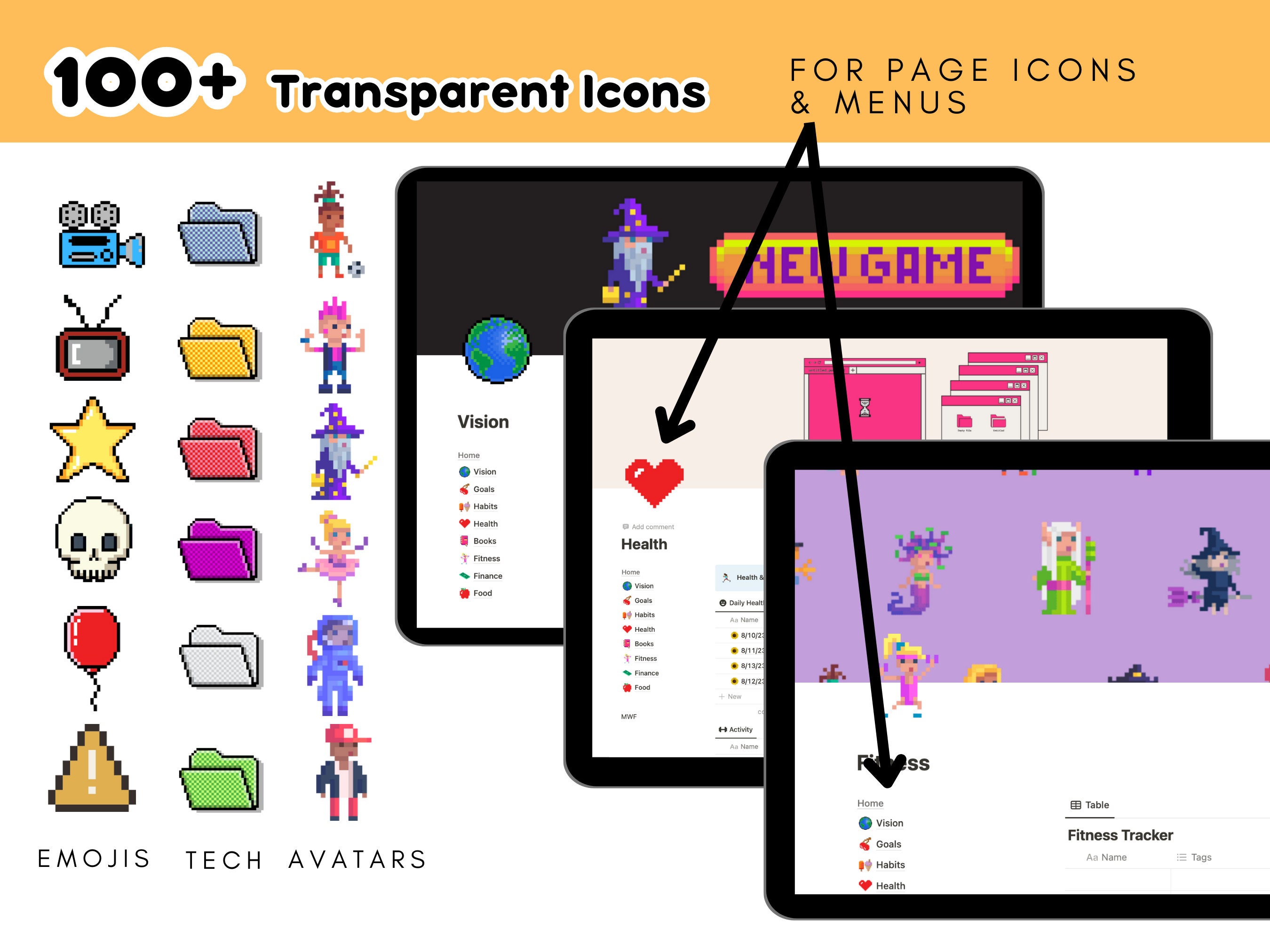 90's Retro Pixel Notion Planner Icons & Covers notion Covers, Notion ...