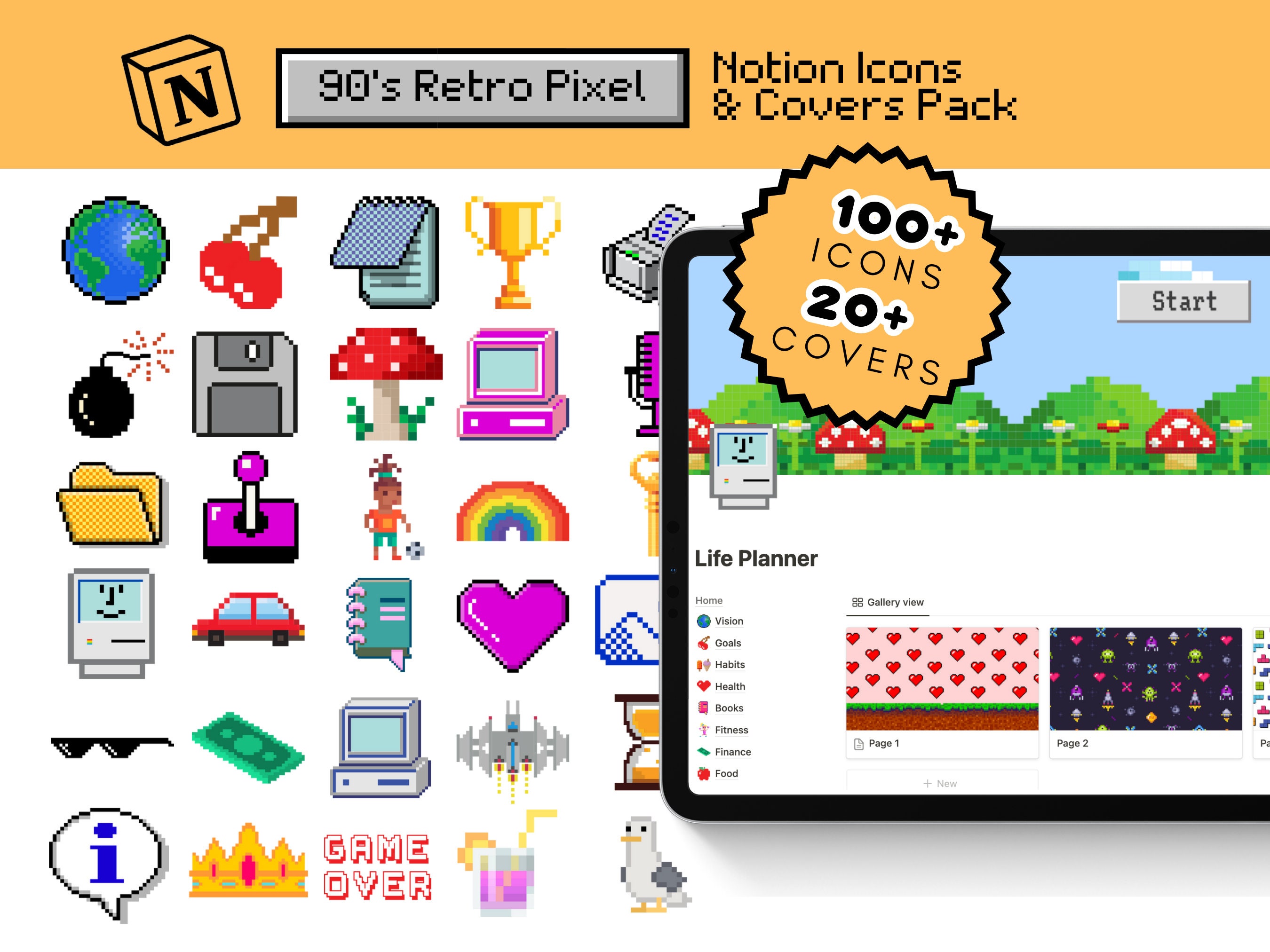 90's Retro Pixel Notion Planner Icons & Covers notion Covers, Notion ...