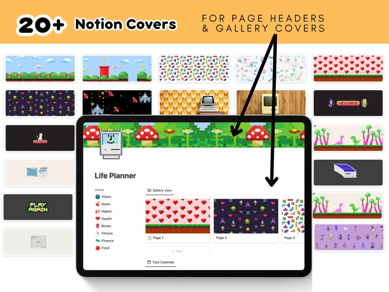 90's Retro Pixel Notion Planner Icons & Covers notion Covers, Notion ...