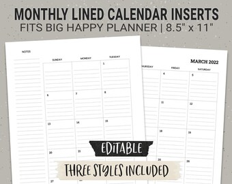 Editable Classic Happy Planner Monthly Calendar Inserts - Etsy