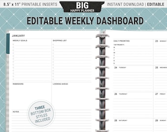 Editable BIG Happy Planner Vertical Inserts, Printable Weekly Planner ...