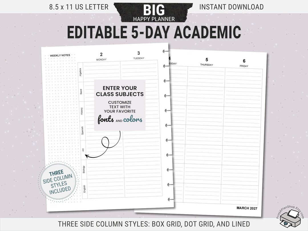 Editable Weekly Class Planner Inserts, BIG Happy Planner, Lined ...