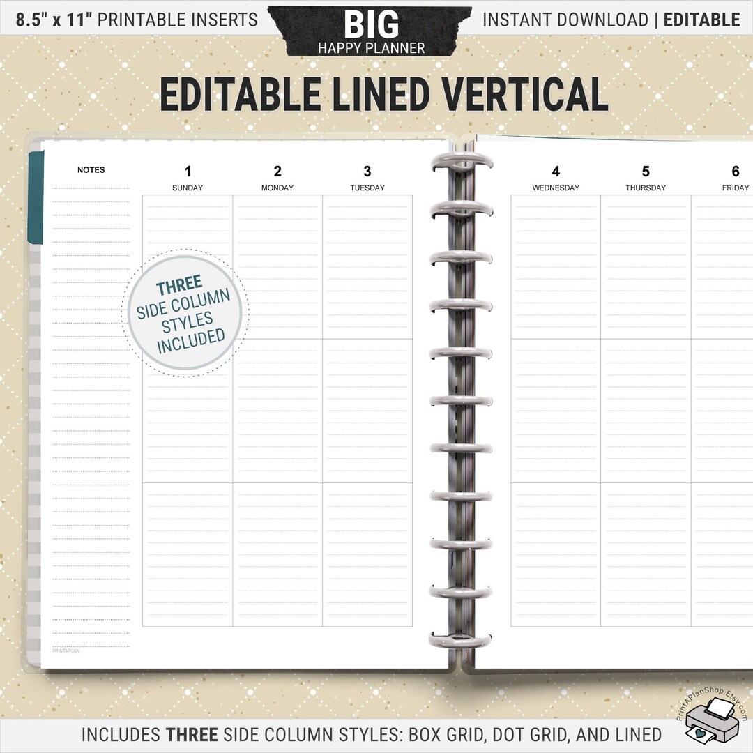Editable Big Happy Planner Inserts: Lined Vertical Layout (digital ...