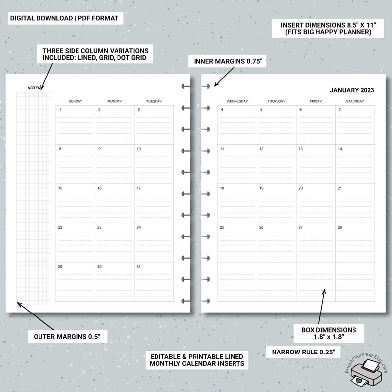 Big Happy Planner Calendar Inserts: Lined, Editable, Undated (digital ...