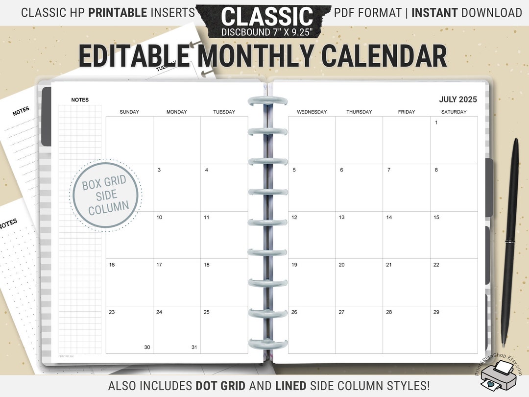 Editable Classic Happy Planner Monthly Calendar Inserts, Printable ...