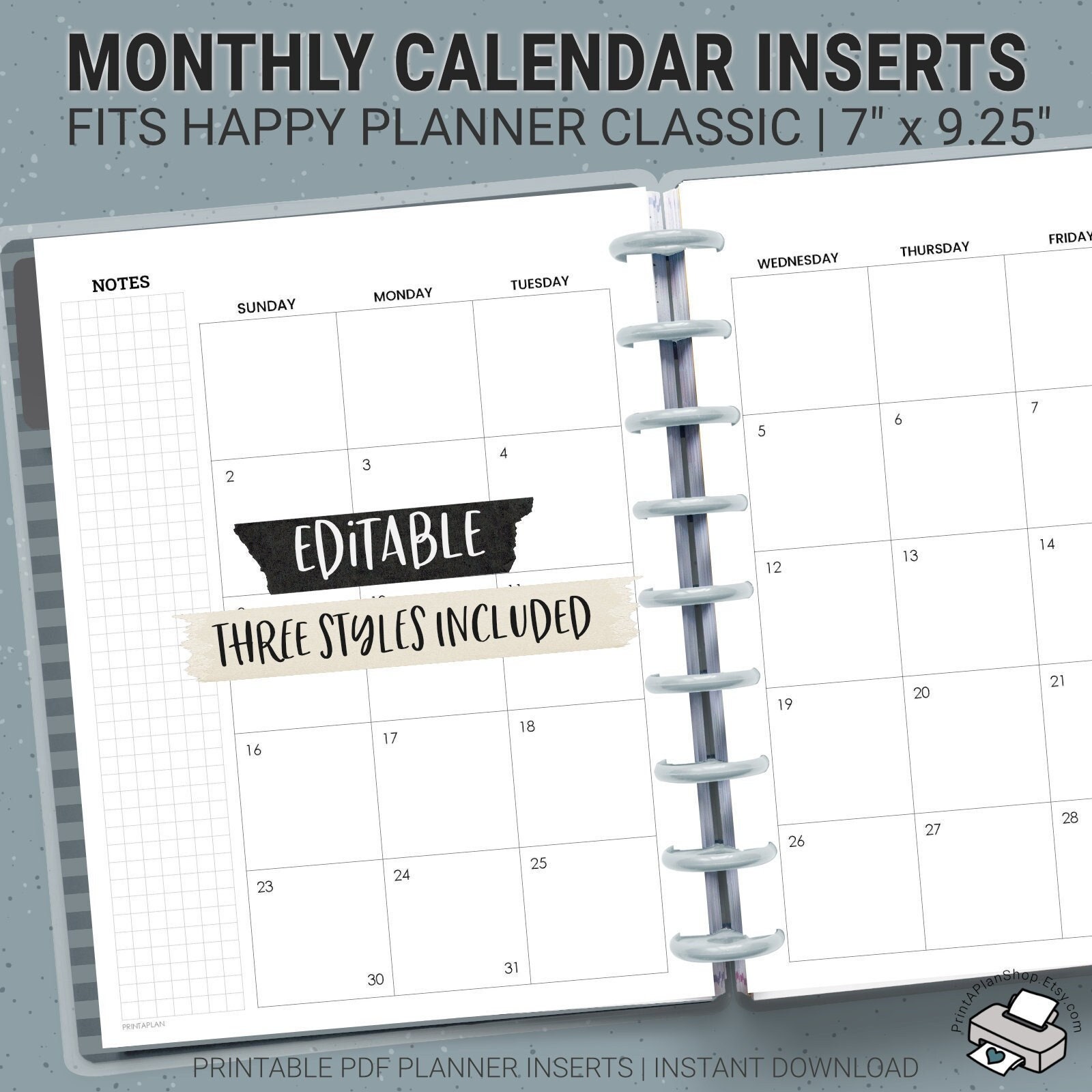 Editable Classic Happy Planner Monthly Calendar Inserts | Etsy