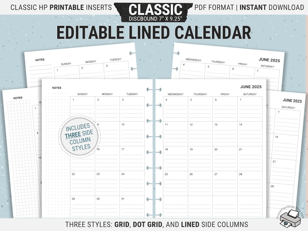 Editable Classic Happy Planner Lined Calendar Inserts, Printable ...
