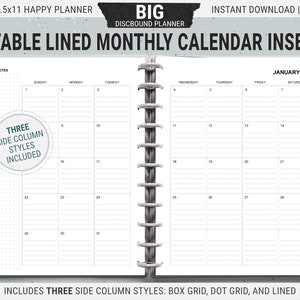 Editable BIG Happy Planner Lined Calendar Inserts Printable - Etsy