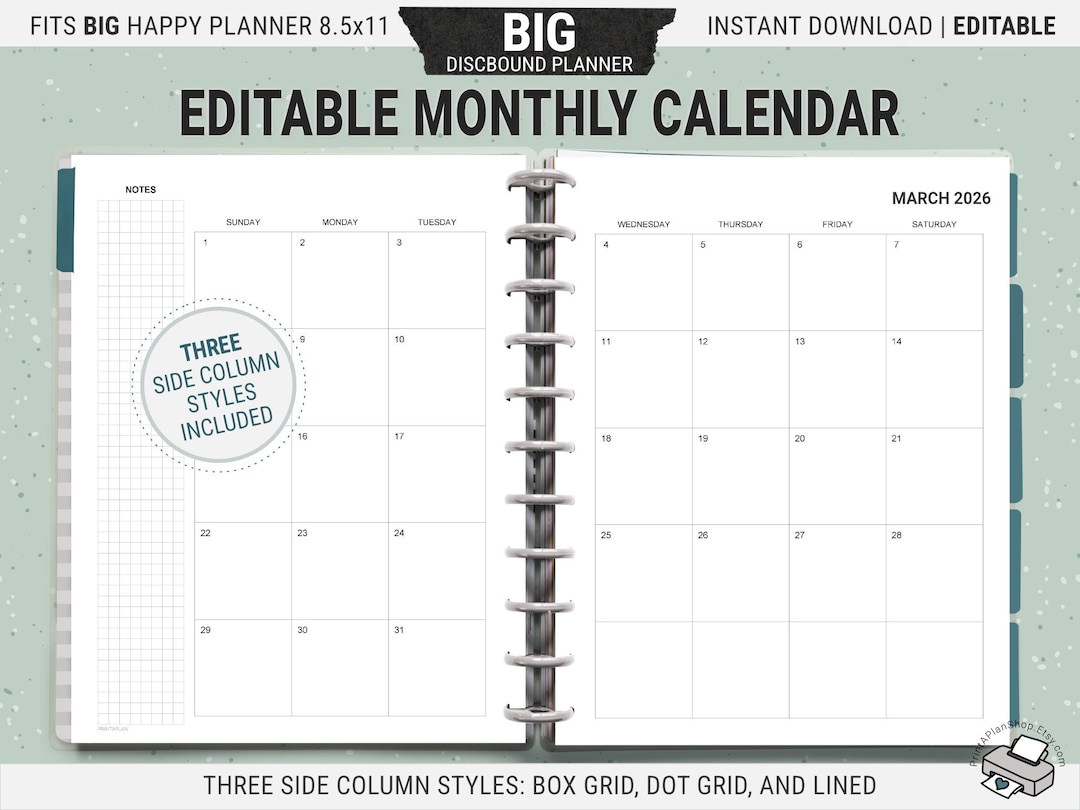 Editable BIG Happy Planner Calendar Inserts, Printable Monthly Planner ...