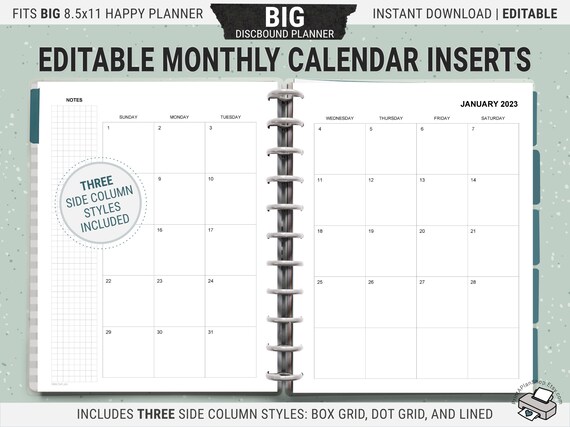 Editable BIG Happy Planner Calendar Inserts Printable Monthly - Etsy