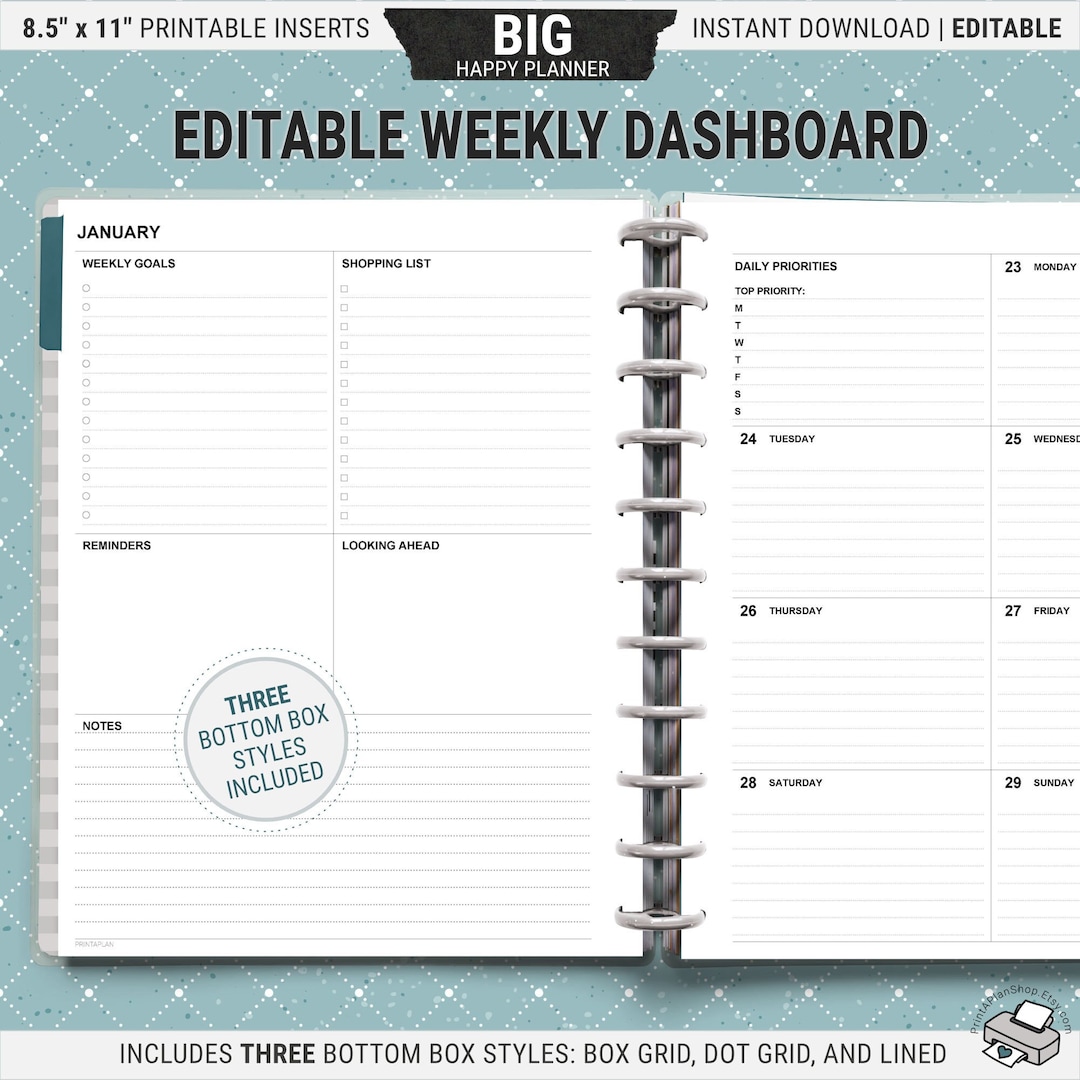Big Happy Planner Dashboard Layout: Editable Weekly Inserts (digital ...