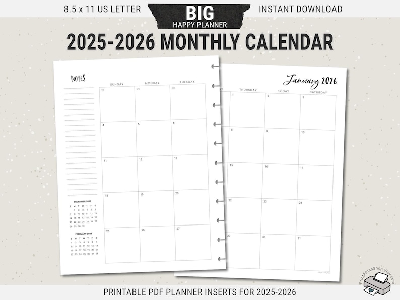 2025-2026 BIG Happy Planner Monthly Calendar Inserts, Printable Pages ...