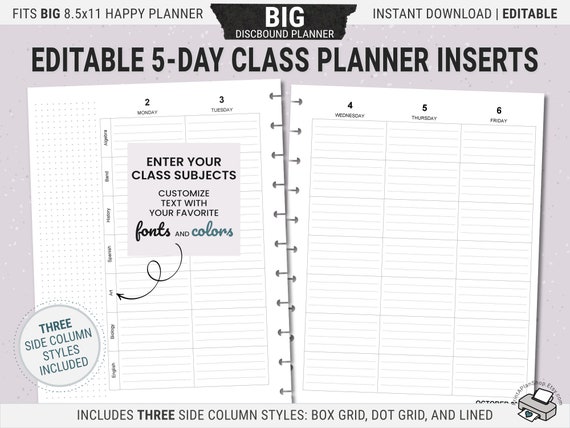 Editable Weekly Class Planner Inserts BIG Happy Planner - Etsy