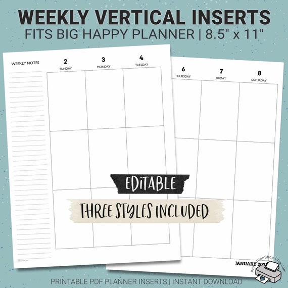 Editable BIG Happy Planner Vertical Inserts Printable Weekly | Etsy