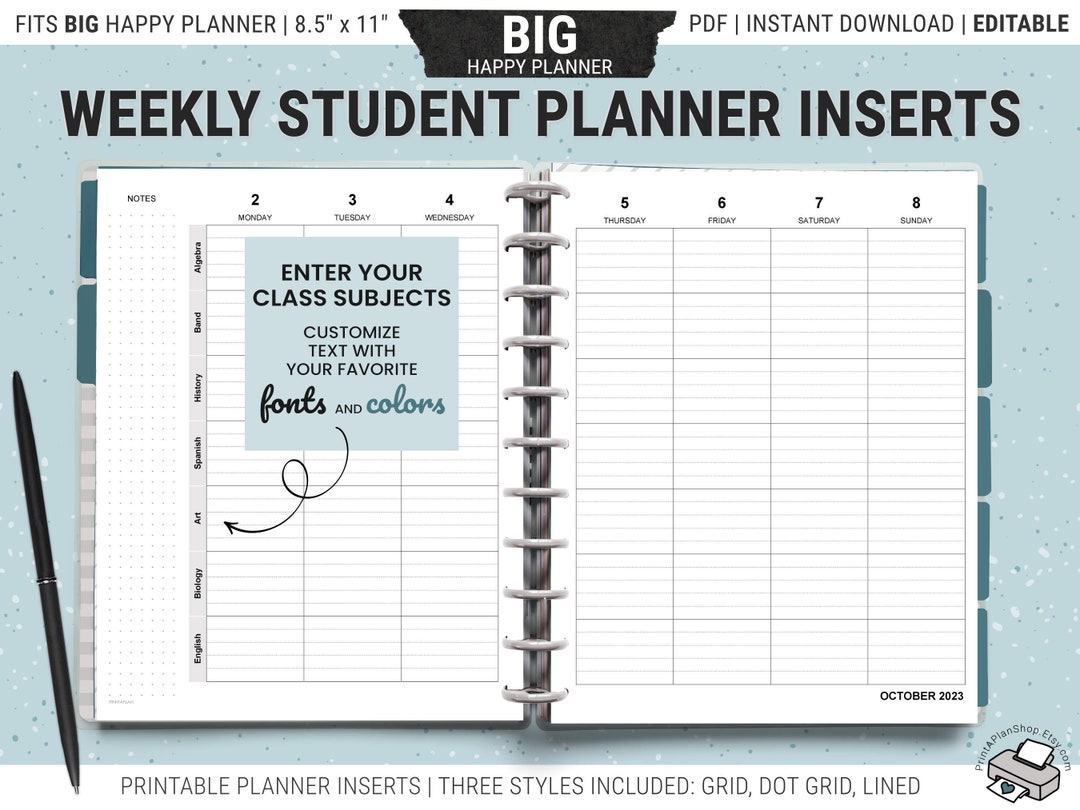 Editable Weekly Student Planner Inserts, BIG Happy Planner, Lined ...