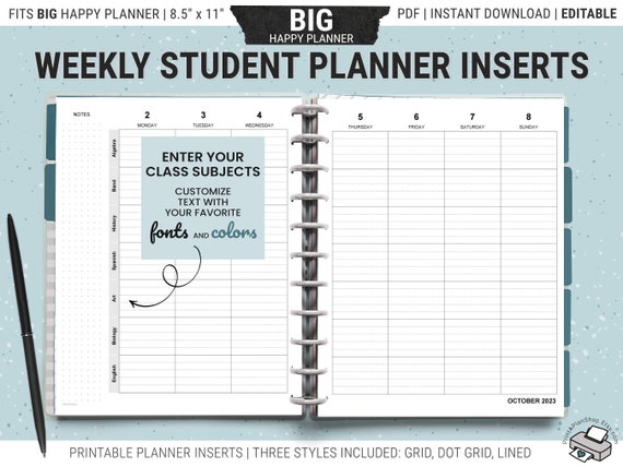 Editable Weekly Student Planner Inserts BIG Happy Planner - Etsy