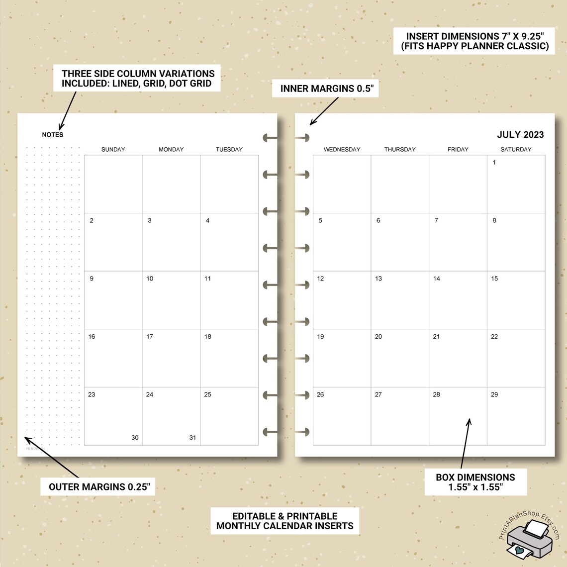 Editable Classic Happy Planner Monthly Calendar Inserts, Printable ...