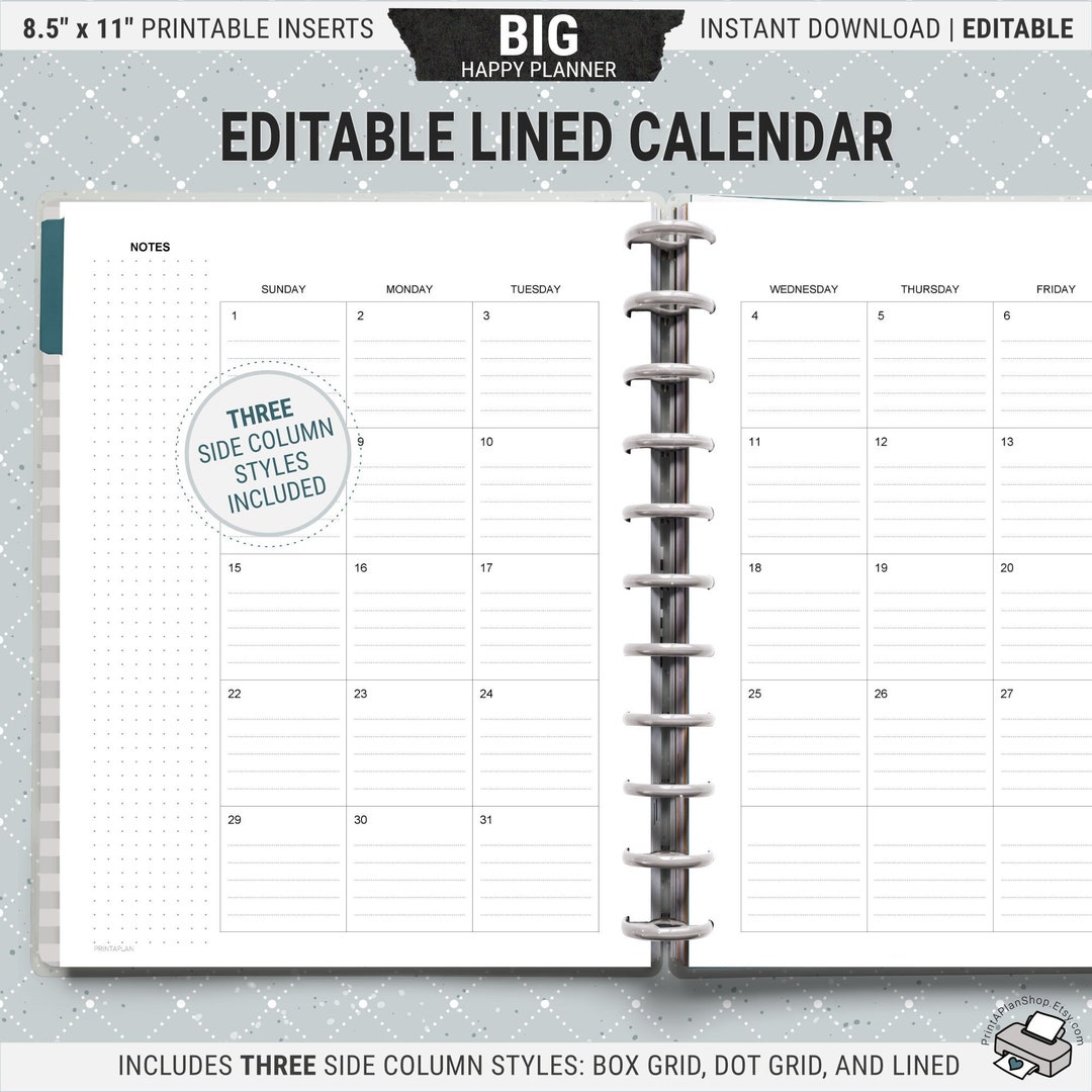 Editable BIG Happy Planner Lined Calendar Inserts, Printable Monthly ...