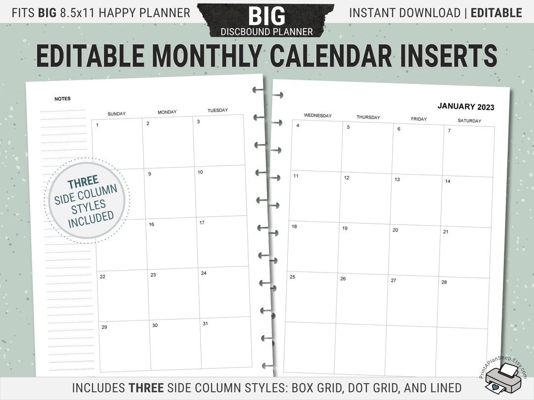 Editable BIG Happy Planner Calendar Inserts Printable Monthly - Etsy