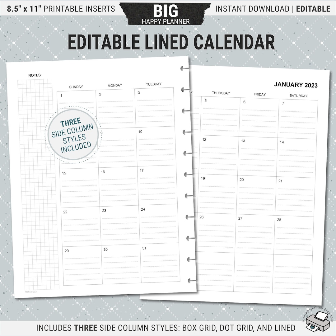 Big Happy Planner Lined Calendar Inserts: Editable Monthly Pages ...