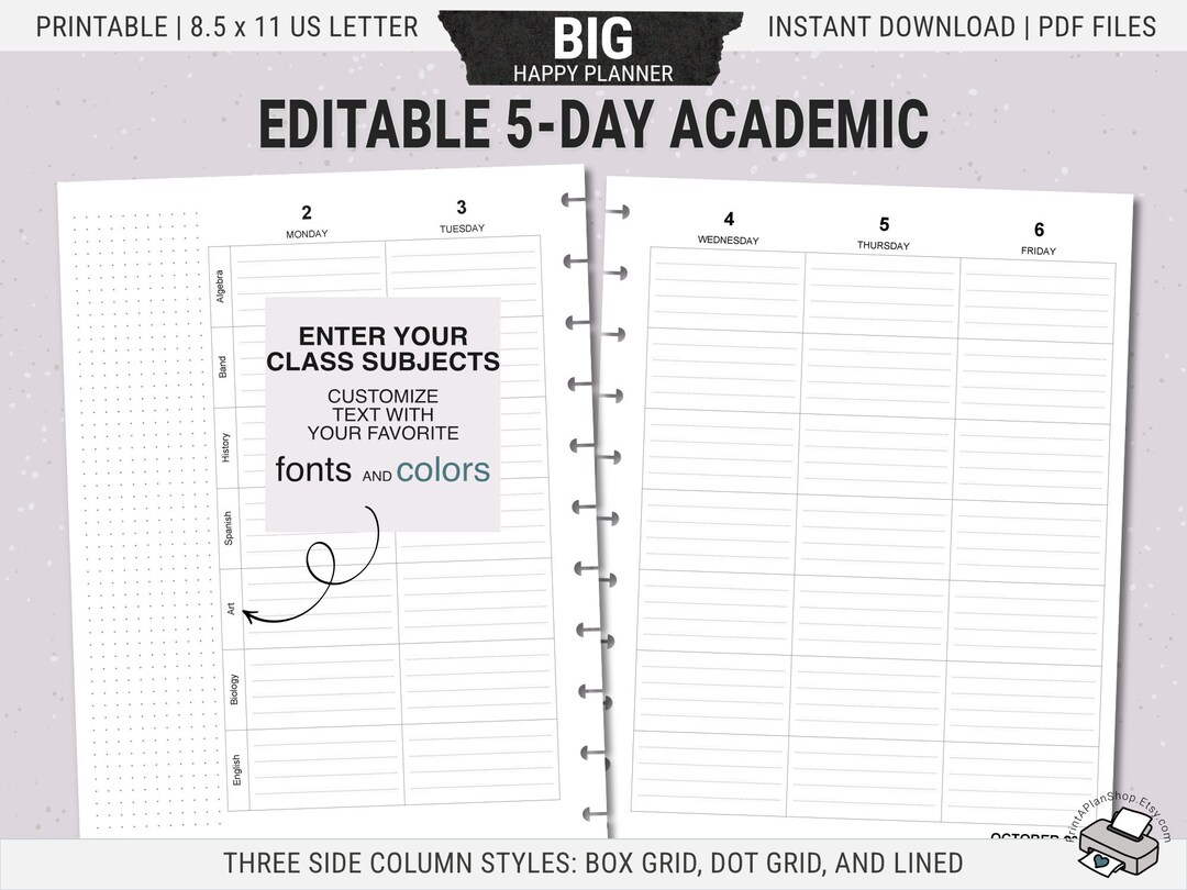 Editable Weekly Class Planner Inserts, BIG Happy Planner, Lined ...