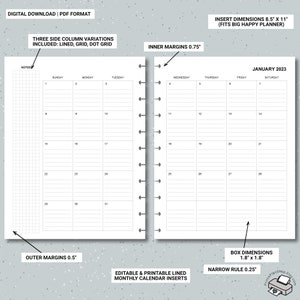 Editable BIG Happy Planner Lined Calendar Inserts, Printable Monthly ...