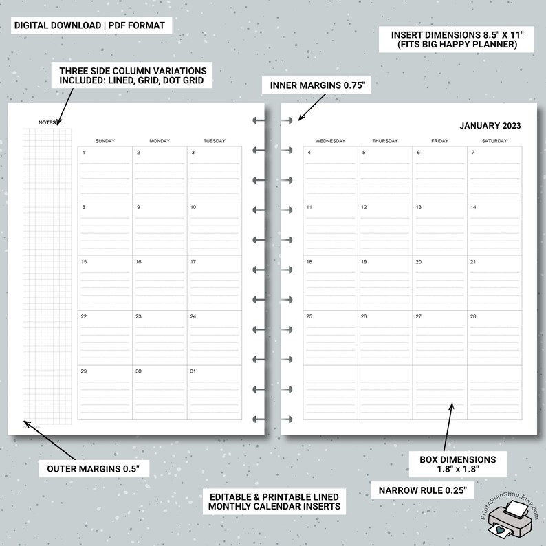 Editable BIG Happy Planner Lined Calendar Inserts Printable - Etsy